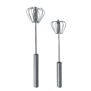 Balevi Stainless Steel Push Whisk - Easy to Use Manual Hand Mixer & Plunger Whisk - Make Froth, Foam & Whipped Cream - Semi Auto Egg Beater Plastic Tip Won’t Scratch Pans (2 Pack 10in & 12in) STEEL