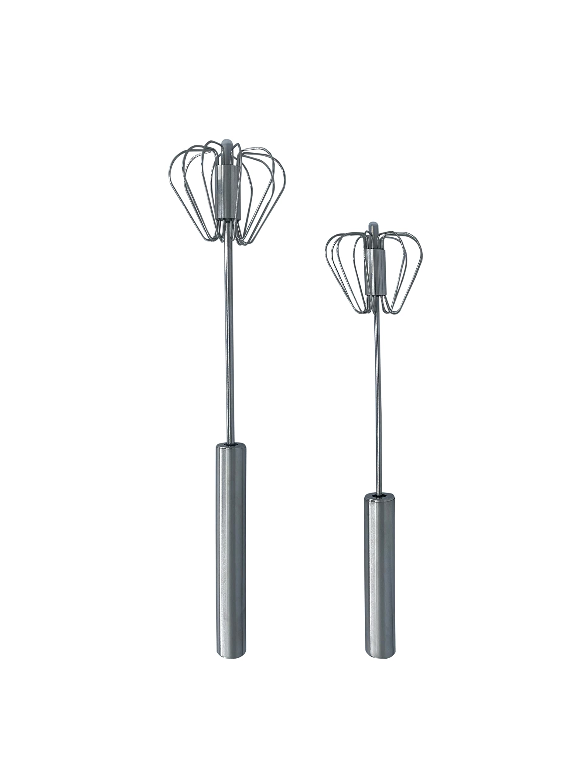 Balevi Stainless Steel Push Whisk - Easy to Use Manual Hand Mixer & Plunger Whisk - Make Froth, Foam & Whipped Cream - Semi Auto Egg Beater Plastic Tip Won’t Scratch Pans (2 Pack 10in & 12in) STEEL