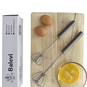 Balevi Stainless Steel Push Whisk - Easy to Use Manual Hand Mixer & Plunger Whisk - Make Froth, Foam & Whipped Cream - Semi Auto Egg Beater Plastic Tip Won’t Scratch Pans (2 Pack 10in & 12in) STEEL