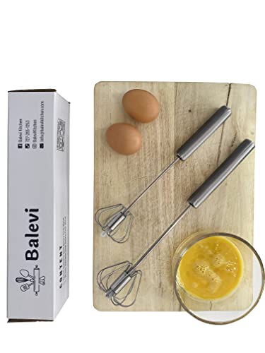 Balevi Stainless Steel Push Whisk - Easy to Use Manual Hand Mixer & Plunger Whisk - Make Froth, Foam & Whipped Cream - Semi Auto Egg Beater Plastic Tip Won’t Scratch Pans (2 Pack 10in & 12in) STEEL