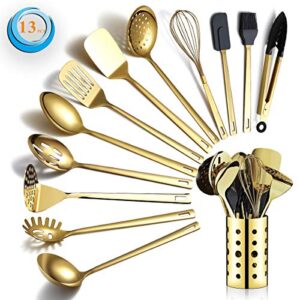 gold cooking utensils set, berglander stainless steel 13 pieces kitchen utensils set with titanium gold plating, kitchen tools set with utensil holder, dishwasher safe, easy to clean