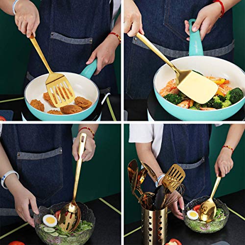 Gold Cooking Utensils Set, Berglander Stainless Steel 13 Pieces Kitchen Utensils Set With Titanium Gold Plating, Kitchen Tools Set With Utensil Holder, Dishwasher Safe, Easy to Clean