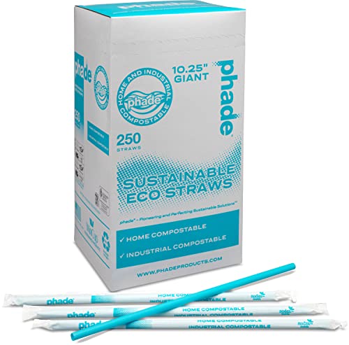 phade Eco-Friendly 10.25" Giant Drinking Straws 250 Count - Sustainable Marine Biodegradable Compostable Individually Wrapped, 1 Pack