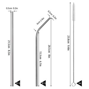 Tomorotec Reusable Straws 30 Pack, Stainless Steel Drinking Straws, Metal Straw Bulks for Smoothies Tumblers Cocktail MilkShake,Set of 15 Straight and 15 Bent with 2 Cleaning Brushes, Silver