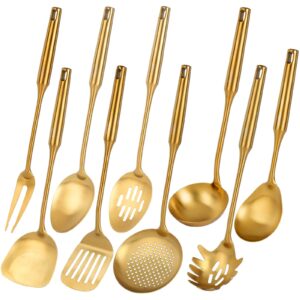 gold kitchen utensils set, standcn 9 pcs 304 stainless steel all metal cooking tools with meat fork, solid spoon, slotted spoon, spatula, ladle, skimmer, slotted spatula, spaghetti server, large spoon