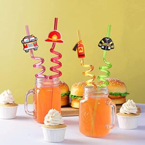 24 Fire Truck Party Favors Drinking Straws for Fire Truck Birthday Party Supplies with 2 PCS Straws Cleaning Brush