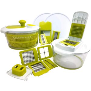 megachef, dicer and chopper veggie mandoline slicer with julienne graterwith interchangeable blades and storage lids, 16 piece, green