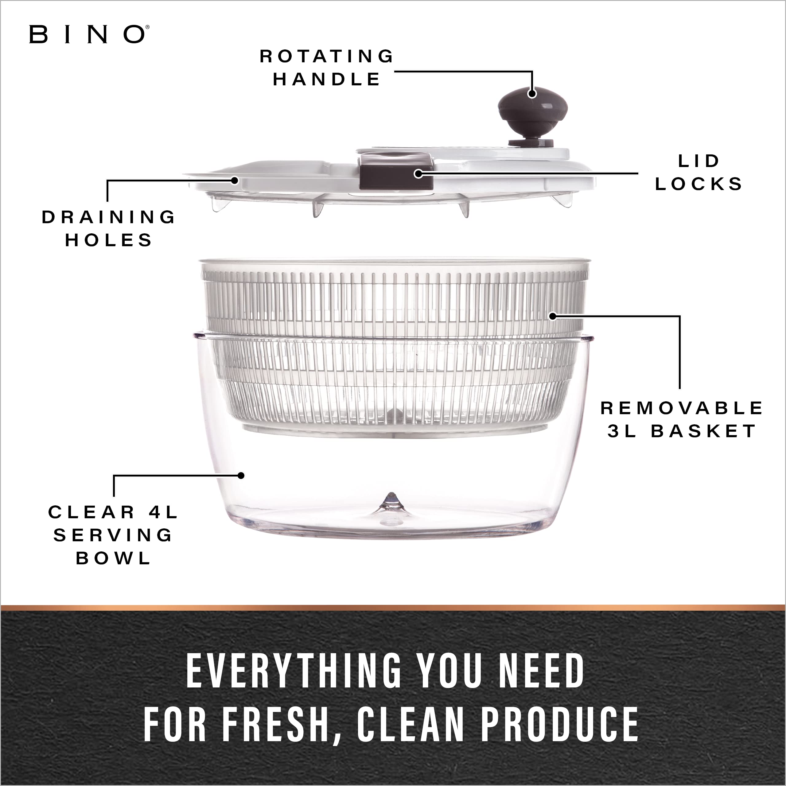 BINO | Salad Spinner - 4.2 Qt | Large Manual Lettuce Spinner with Secure Lid Lock & Built-in Draining System | Salad Spinner with Salad Bowl | Fruit & Vegetable Basket Colander | Kitchen Gadgets