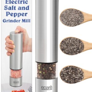 Electric Salt and Pepper Grinder Mill - Battery Operated Ceramic Burr Pepper Grinder Refillable - Automatic Stainless Steel Salt and Pepper Grinders - Pepper Mill Grinder With LED Light by Eparé