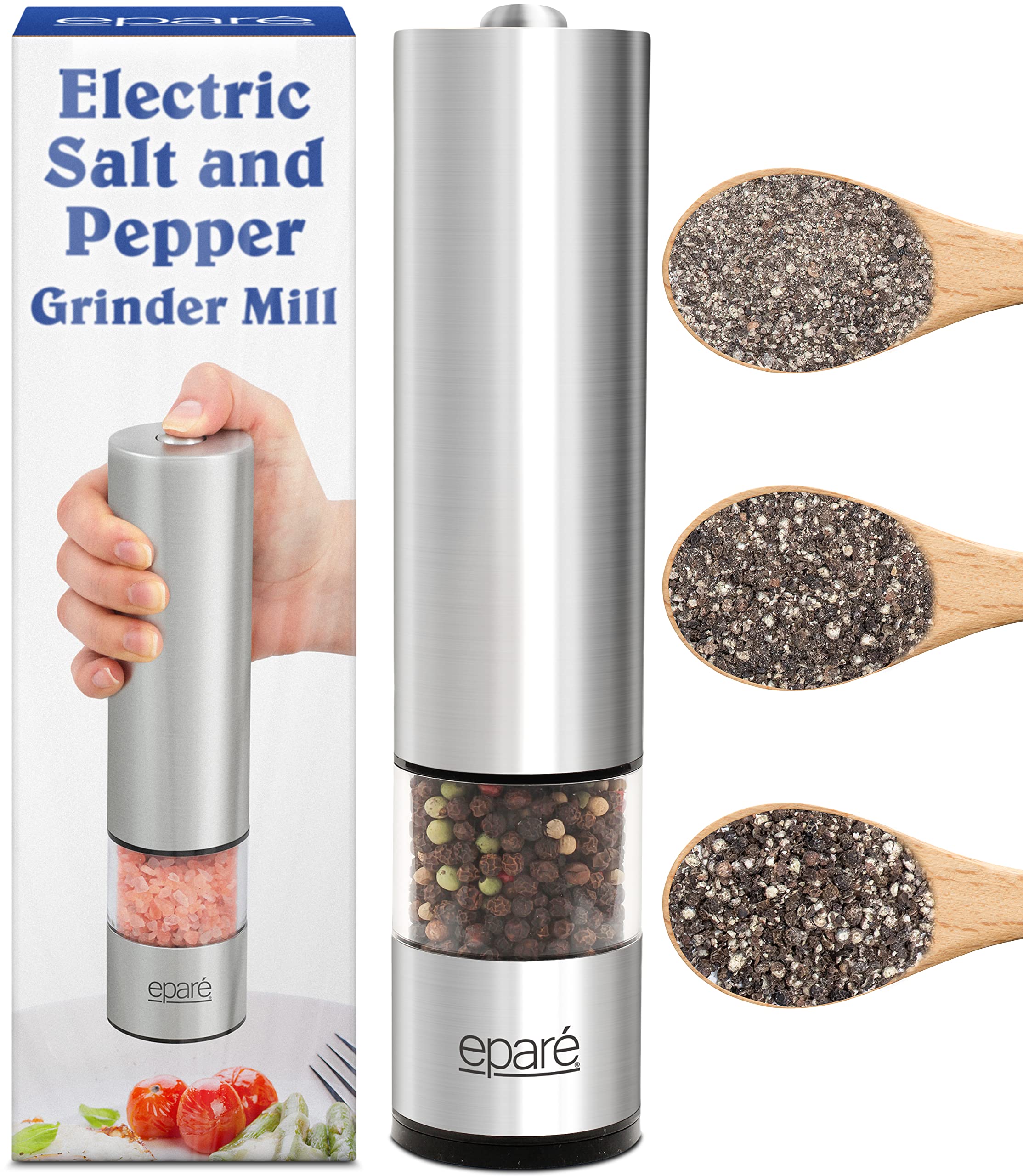 Electric Salt and Pepper Grinder Mill - Battery Operated Ceramic Burr Pepper Grinder Refillable - Automatic Stainless Steel Salt and Pepper Grinders - Pepper Mill Grinder With LED Light by Eparé