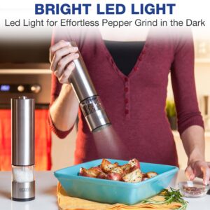 Electric Salt and Pepper Grinder Mill - Battery Operated Ceramic Burr Pepper Grinder Refillable - Automatic Stainless Steel Salt and Pepper Grinders - Pepper Mill Grinder With LED Light by Eparé