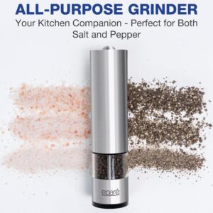 Electric Salt and Pepper Grinder Mill - Battery Operated Ceramic Burr Pepper Grinder Refillable - Automatic Stainless Steel Salt and Pepper Grinders - Pepper Mill Grinder With LED Light by Eparé