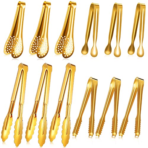 12 Pieces Tongs for Serving Utensils Mini Serving Tong Stainless Steel Appetizer Tongs Ice Sugar Tong Food Tong Cooking Tong for Salad Kitchen Buffet Party, 5 Inch, 9 Inch (Gold)