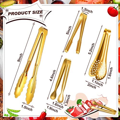 12 Pieces Tongs for Serving Utensils Mini Serving Tong Stainless Steel Appetizer Tongs Ice Sugar Tong Food Tong Cooking Tong for Salad Kitchen Buffet Party, 5 Inch, 9 Inch (Gold)