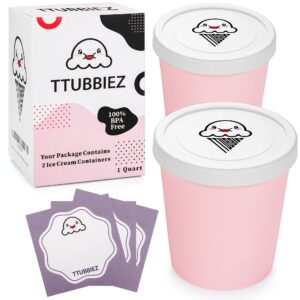 ttubbiez ice cream containers (2 pack - 1 quart each), ice cream containers for homemade ice cream, ice cream storage containers for freezer, 1 quart freezer containers for ice cream storage - pink