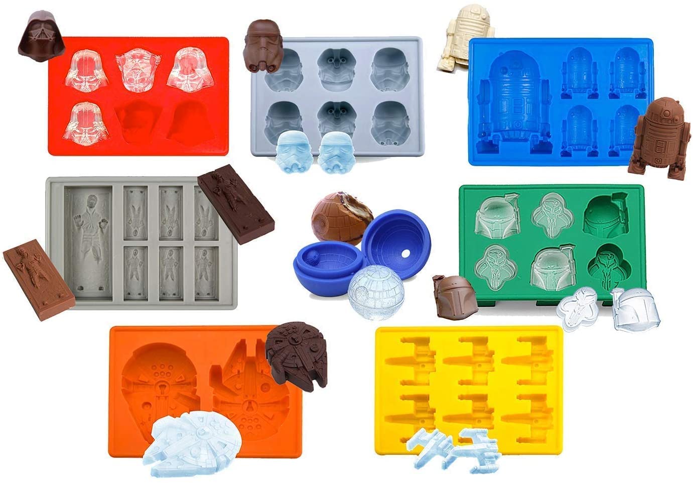 INKU Star wars silicone mold set Star wars ice and chocolate cubes: Stormtrooper, Darth Vader, X-Wing Fighter, Millennium Falcon, R2-D2, Han Solo, Boba Fett, Death Star