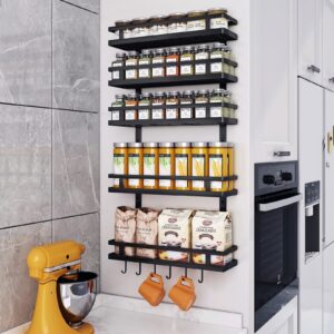 kafahom spice rack organizer wall mount, 5 tier height-adjustable hanging spice shelf storage with 6 hooks, farmhouse seasoning organizer,large kitchen wall shelves for cabinet, wall, pantry door