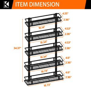 KAFAHOM Spice Rack Organizer Wall Mount, 5 Tier Height-Adjustable Hanging Spice Shelf Storage with 6 Hooks, Farmhouse Seasoning Organizer,Large Kitchen Wall Shelves for Cabinet, Wall, Pantry Door