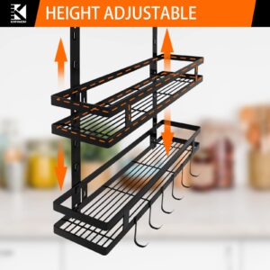 KAFAHOM Spice Rack Organizer Wall Mount, 5 Tier Height-Adjustable Hanging Spice Shelf Storage with 6 Hooks, Farmhouse Seasoning Organizer,Large Kitchen Wall Shelves for Cabinet, Wall, Pantry Door