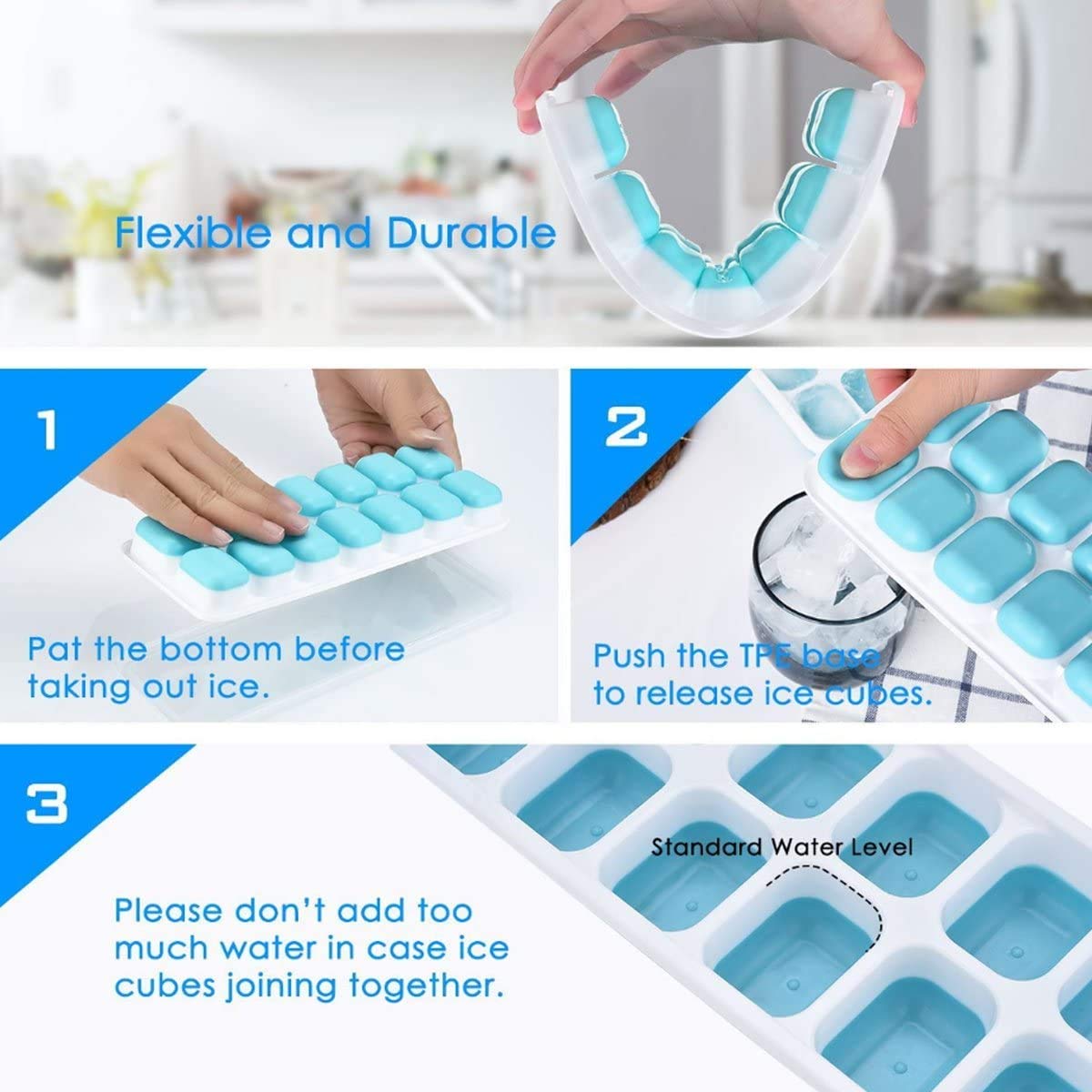 Ice Cube Trays, Silicone Easy-Release and Flexible 14-Ice Trays with Spill-Resistant Removable Lid, BPA Free, Durable and Dishwasher Safe, 2 Pack