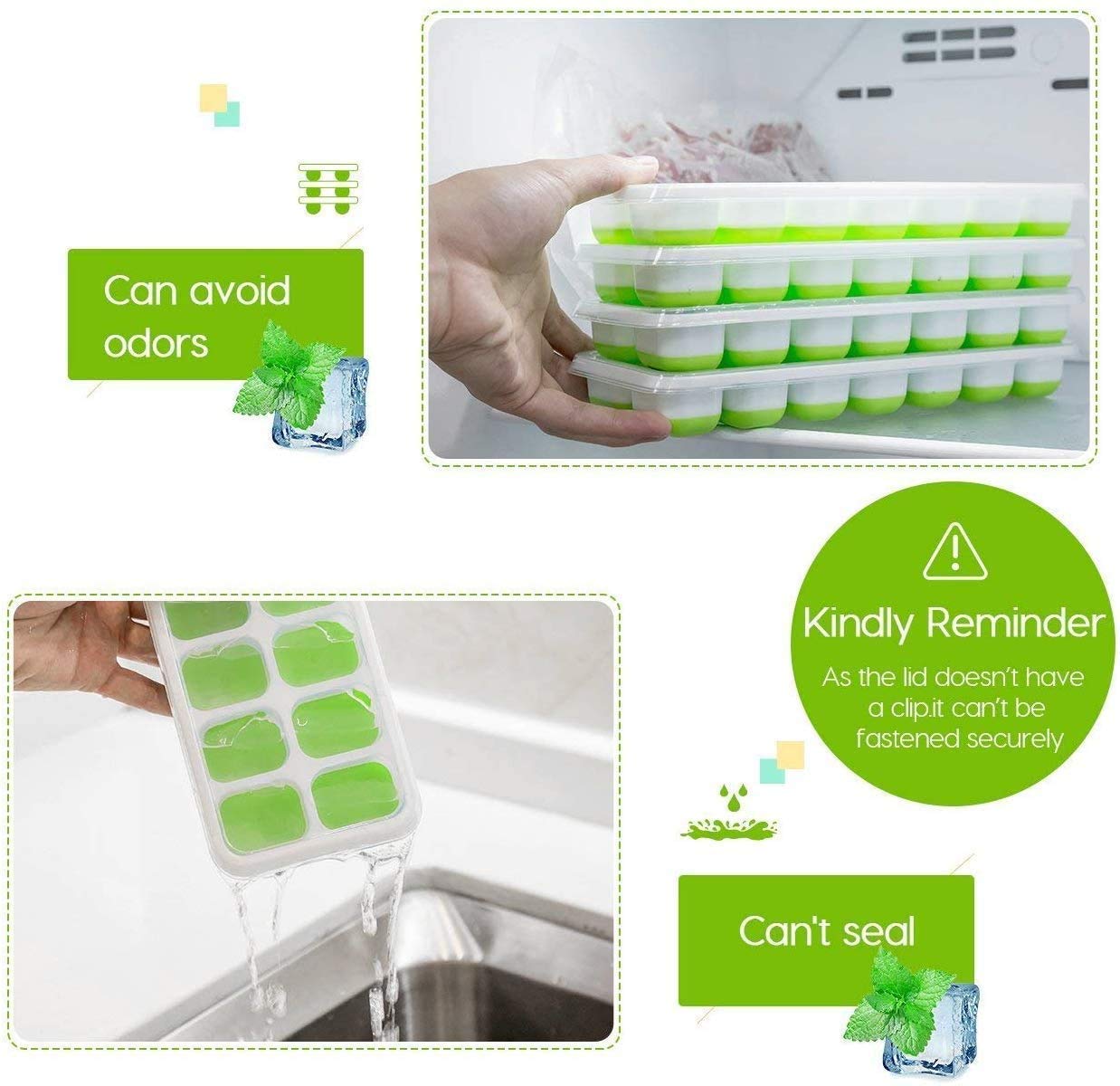 Ice Cube Trays, Silicone Easy-Release and Flexible 14-Ice Trays with Spill-Resistant Removable Lid, BPA Free, Durable and Dishwasher Safe, 2 Pack