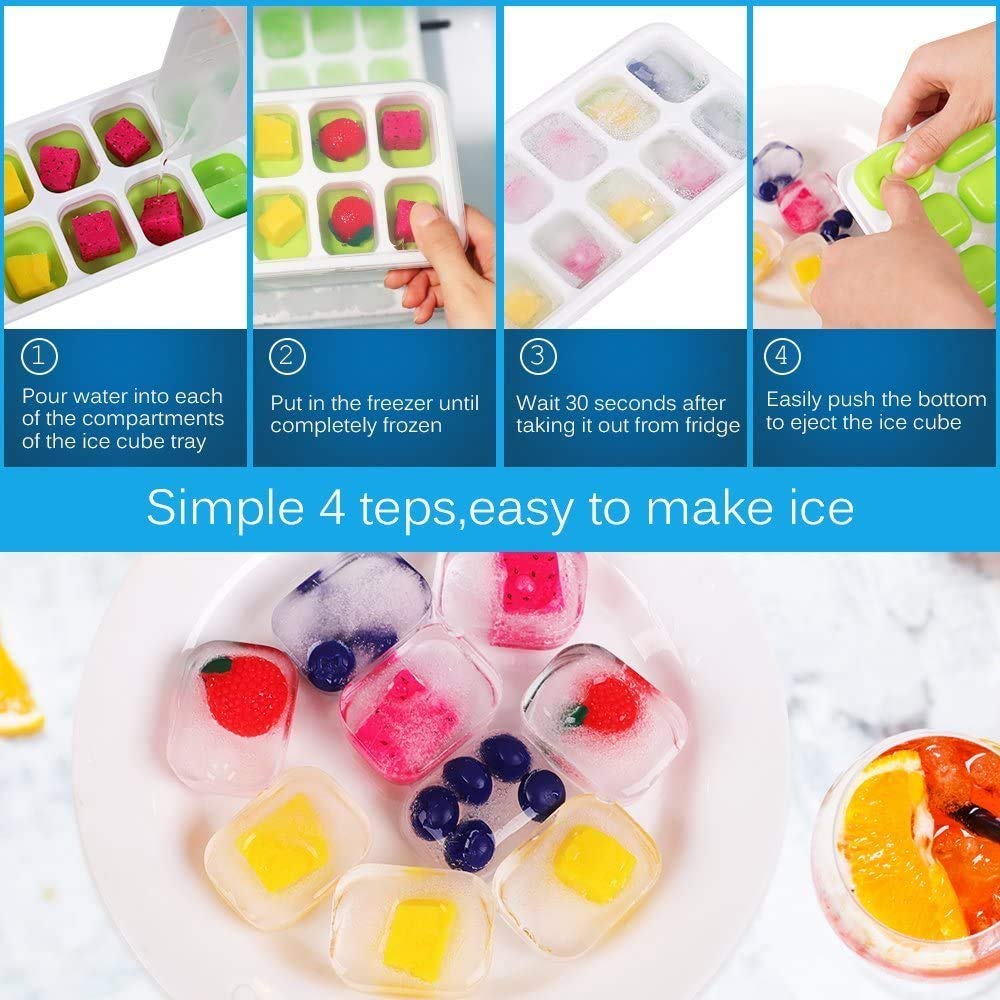 Ice Cube Trays, Silicone Easy-Release and Flexible 14-Ice Trays with Spill-Resistant Removable Lid, BPA Free, Durable and Dishwasher Safe, 2 Pack