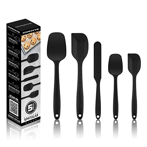 OVENTE Set of 5 Silicone Spatula , Food Grade Rubber Spatulas Heat Resistant w/ Stainless Steel Core & Seamless Design, Non Stick Rubber Spatula for Mixing, Baking & Cooking Black SP12305B