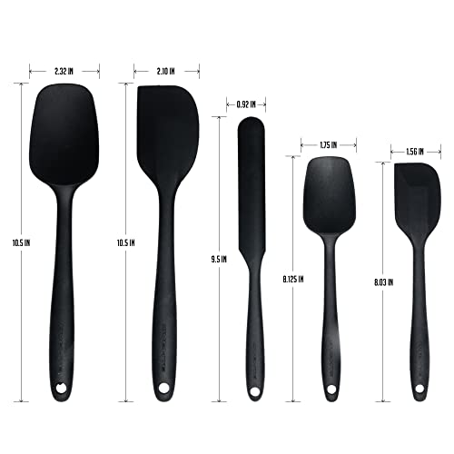 OVENTE Set of 5 Silicone Spatula , Food Grade Rubber Spatulas Heat Resistant w/ Stainless Steel Core & Seamless Design, Non Stick Rubber Spatula for Mixing, Baking & Cooking Black SP12305B