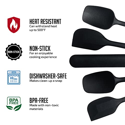 OVENTE Set of 5 Silicone Spatula , Food Grade Rubber Spatulas Heat Resistant w/ Stainless Steel Core & Seamless Design, Non Stick Rubber Spatula for Mixing, Baking & Cooking Black SP12305B