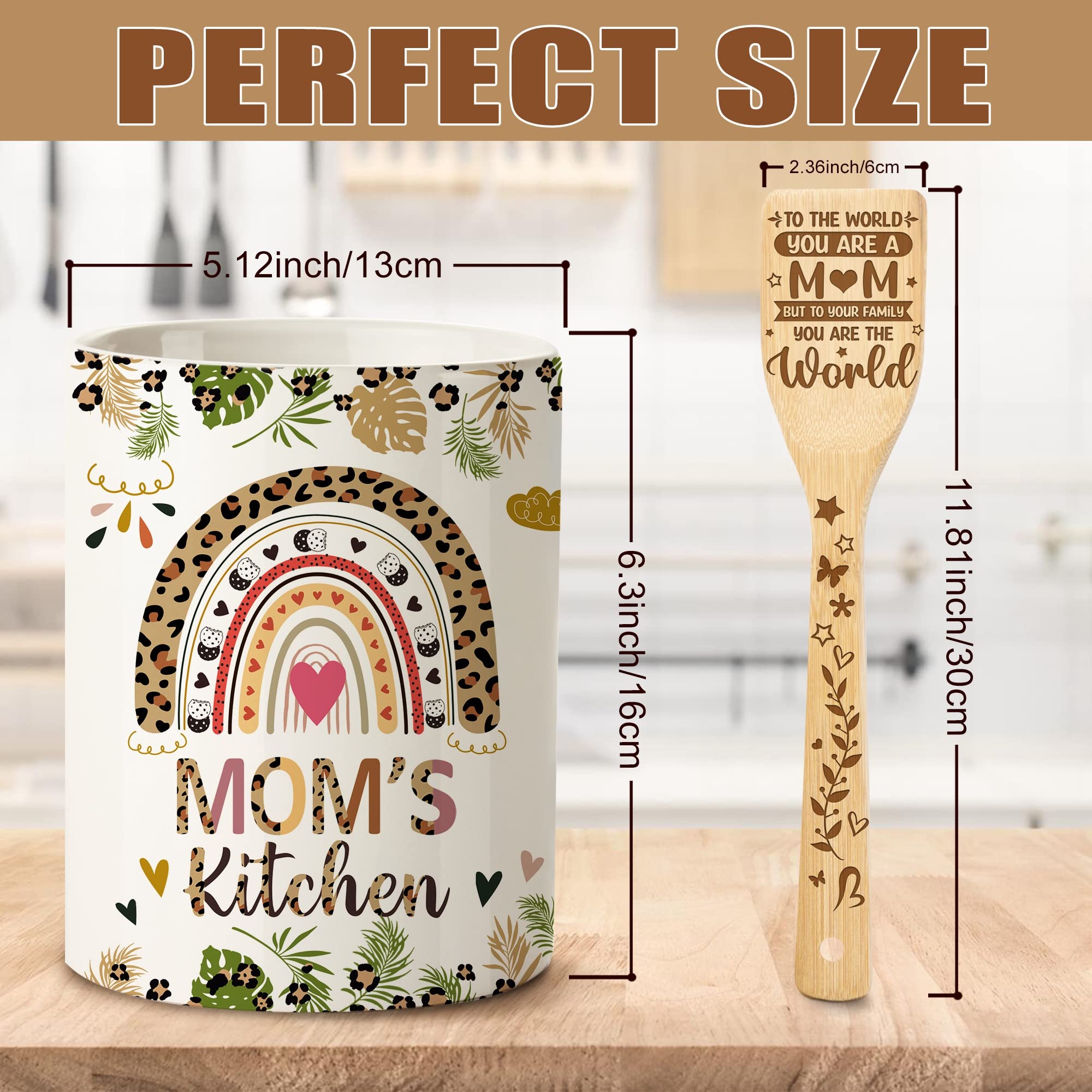 Rabbitable Gifts for Mom, Ceramic Utensil Holder for Cooking with Wooden Spoons Mothers Day Gifts for Mom, Mom Mothers Day Gift Cooking Tools Kitchen Utensils Set with Wooden Spoons for 6