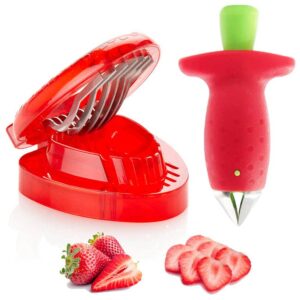 strawberry huller fruit slicer set, berry stem leaves huller gem remover removal fruit peeling tool kitchen gadgets corer easy for remove strawberry tomatoes and stem tool (2pcs)