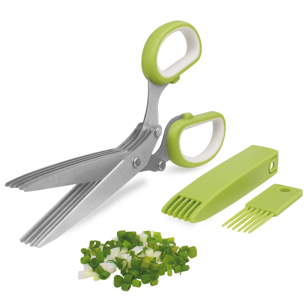 Herb Cutter Scissors 5 Blade Scissors Kitchen Multipurpose Cutting Shear with 5 Stainless Steel Blades & Safety Cover & Cleaning Comb Cilantro Scissors Sharp Shredding Shears Herb Scissors Set (Green)