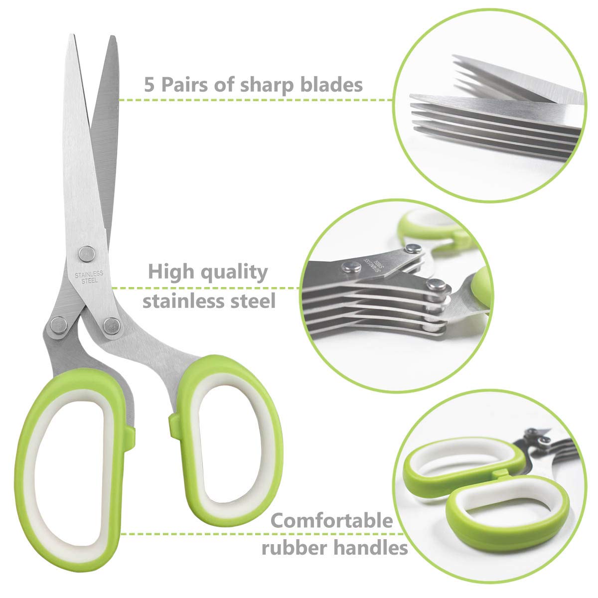 Herb Cutter Scissors 5 Blade Scissors Kitchen Multipurpose Cutting Shear with 5 Stainless Steel Blades & Safety Cover & Cleaning Comb Cilantro Scissors Sharp Shredding Shears Herb Scissors Set (Green)