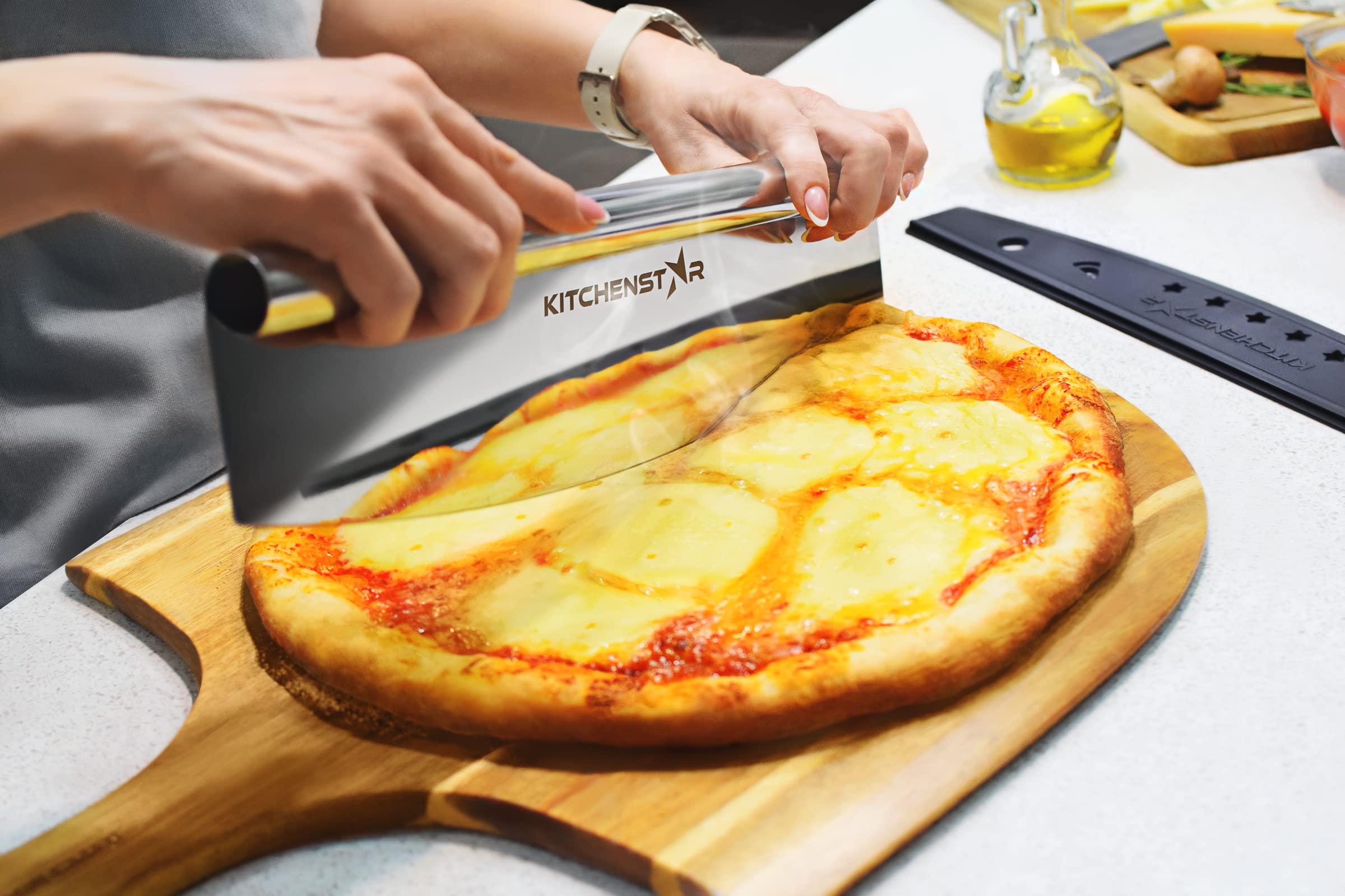 16" Pizza Cutter Rocker by KitchenStar - Razor Sharp Stainless Steel Slicer Knife with Blade Cover, Large + Dishwasher Safe - Premium Pizza Oven Accessories