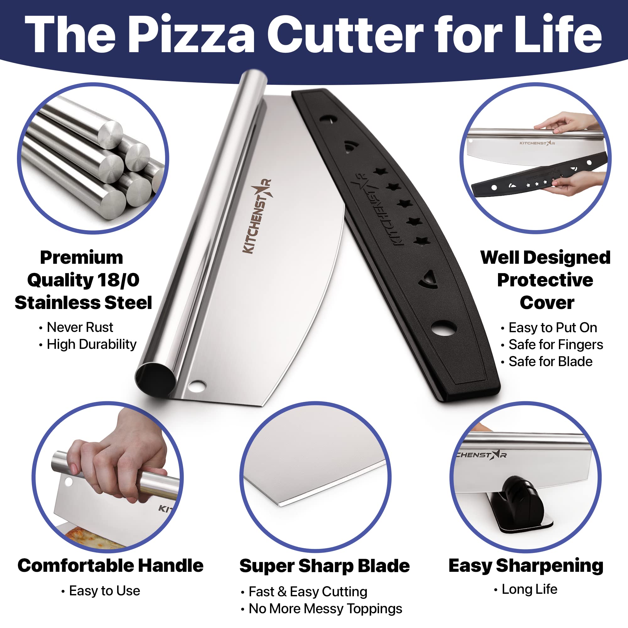 16" Pizza Cutter Rocker by KitchenStar - Razor Sharp Stainless Steel Slicer Knife with Blade Cover, Large + Dishwasher Safe - Premium Pizza Oven Accessories