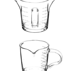 QWORK Espresso Shot Glass with Handle, 2 Pack 3-Ounce Double Spout Glass Measuring Cup Triple Pitcher Milk Cup with Two Scales (OZ&ML)