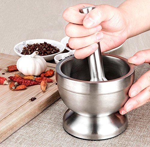 Bekith Mortar and Pestle Sets 18/8 Brushed Stainless Steel Spice Grinder Pill Crusher Molcajete Herb Bowl