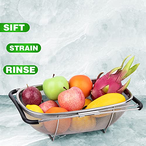 6-Quart Large Over The Sink Colander, 18/8 Stainless Steel Fine Mesh Strainer Basket with Expandable Rubber Grip Handles - Strain, Drain, Rinse Fruits, Vegetables