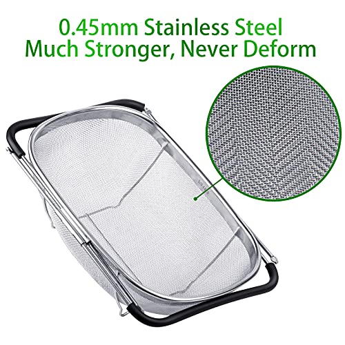 6-Quart Large Over The Sink Colander, 18/8 Stainless Steel Fine Mesh Strainer Basket with Expandable Rubber Grip Handles - Strain, Drain, Rinse Fruits, Vegetables