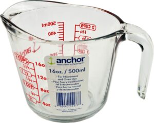 anchor hocking 2 cup (16 ounce) glass measuring cup, clear glass with red lettering (anc-9439)