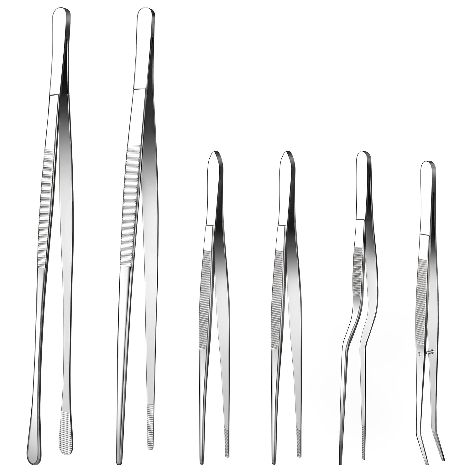 Fine Tweezer Tongs, 6pcs Cooking Tweezers, 12'' and 6.3" Stainless Steel Food Tweezers, Professional Kitchen Long Tweezer with Round and Curved Tips for Baking(6pcs, 12"+6.3")