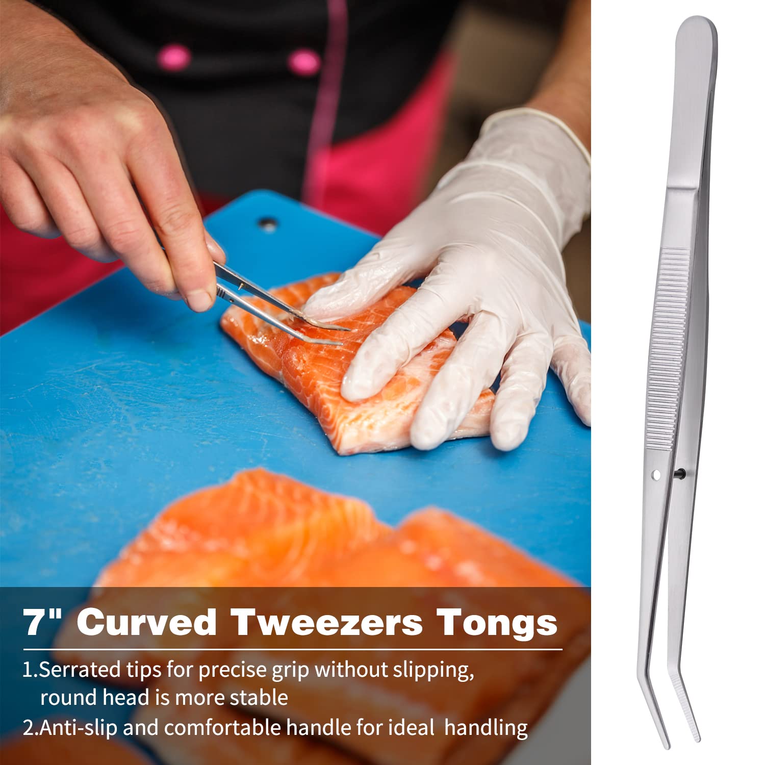 Fine Tweezer Tongs, 6pcs Cooking Tweezers, 12'' and 6.3" Stainless Steel Food Tweezers, Professional Kitchen Long Tweezer with Round and Curved Tips for Baking(6pcs, 12"+6.3")