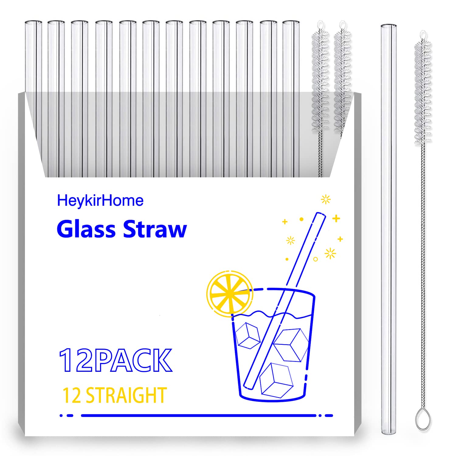 HeykirHome 12-Pack Reusable Glass Straws,Size 8''x10 MM,Including12 Bent with 2 Cleaning Brush- Perfect For Smoothies, Tea, Juice