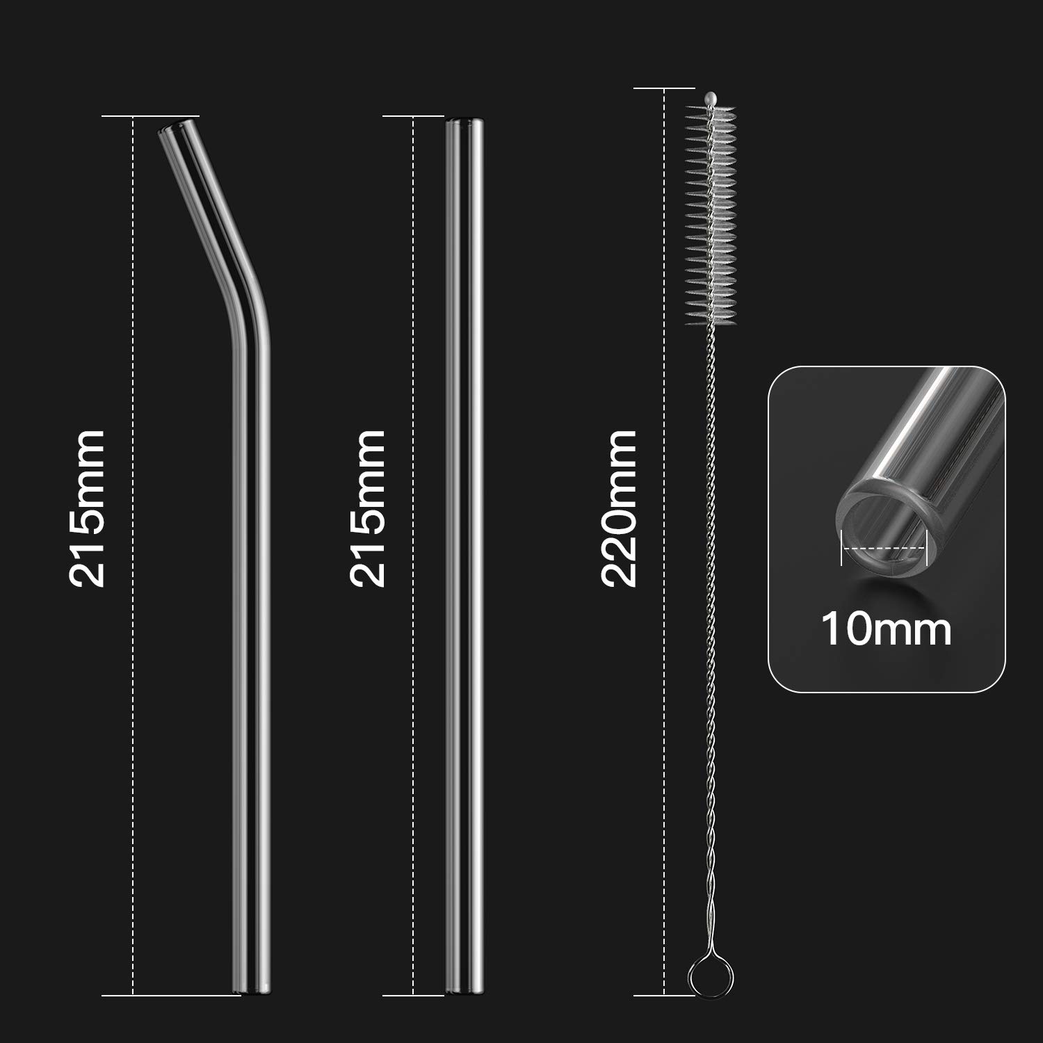 HeykirHome 12-Pack Reusable Glass Straws,Size 8''x10 MM,Including12 Bent with 2 Cleaning Brush- Perfect For Smoothies, Tea, Juice