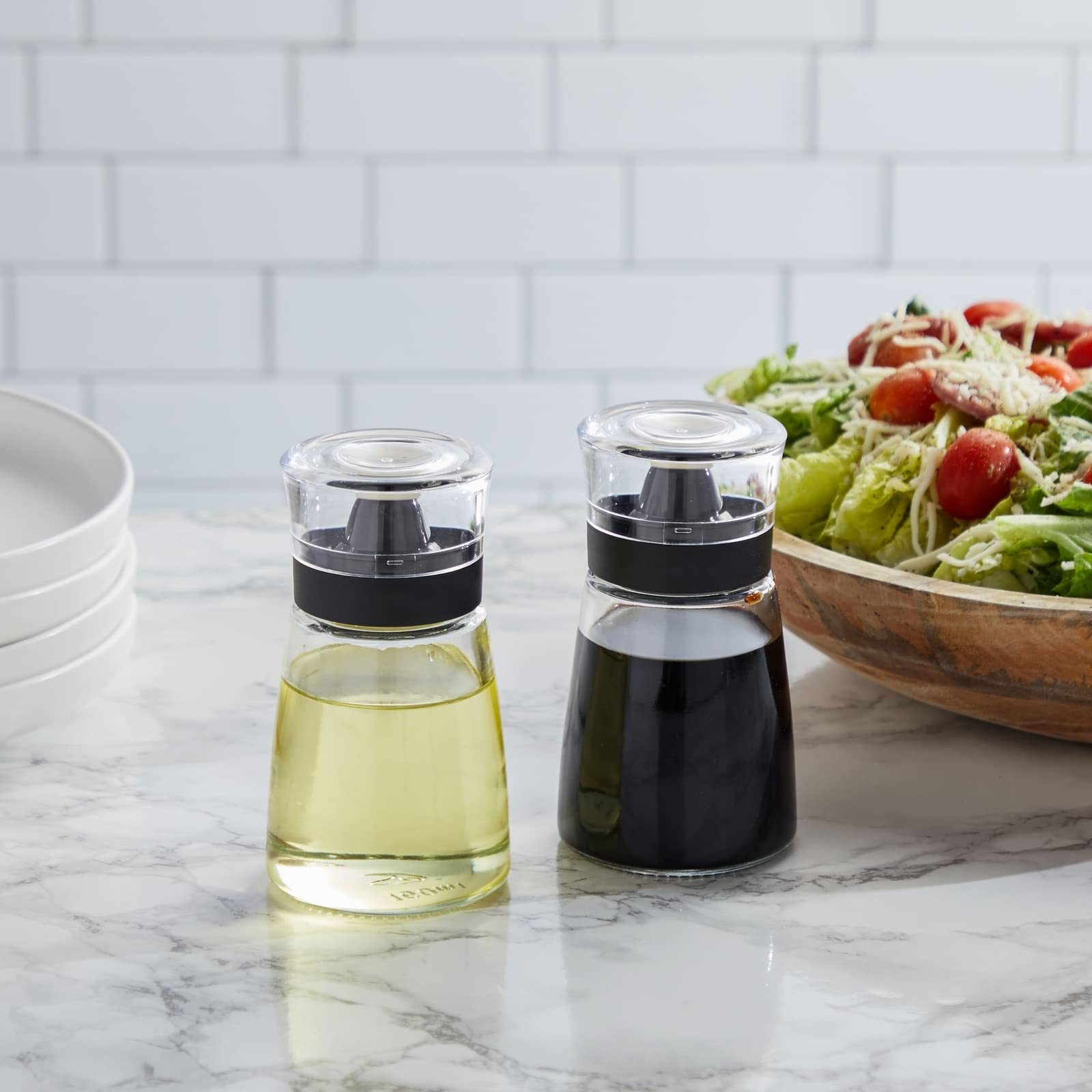 Juvale 2 Piece Small Oil and Vinegar Dispenser Set for Kitchen, Glass Cruet Bottles with No Drip Tops for Salad Dressing, Balsamic, Soy Sauce (5.5 oz)