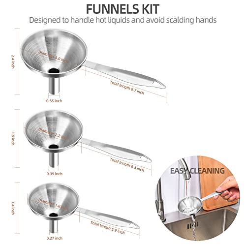 Funnels for Kitchen Use, Small Stainless Steel Funnels for Filling Bottles Transferring Essential Oil, Liquid, Spice, Dry Ingredients & Powder, Dishwasher Safe (Long-Handled Funnel)