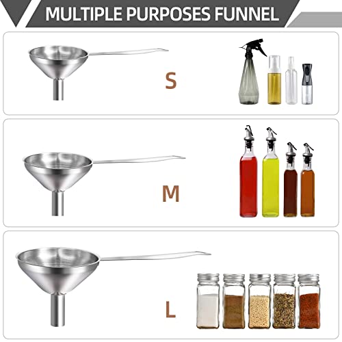 Funnels for Kitchen Use, Small Stainless Steel Funnels for Filling Bottles Transferring Essential Oil, Liquid, Spice, Dry Ingredients & Powder, Dishwasher Safe (Long-Handled Funnel)