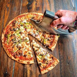 Camping Knives & Tools Pizza Cutter | Hand Forged Carbon Steel Axe Style Pizza Cutter | Leather Sheath