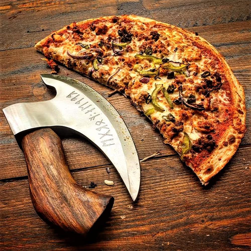 Camping Knives & Tools Pizza Cutter | Hand Forged Carbon Steel Axe Style Pizza Cutter | Leather Sheath