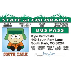 signs 4 fun parody id | south park - kyle buss pass | fake id novelty card | collectible trading card buss pass | novelty gift for holidays | made in the usa